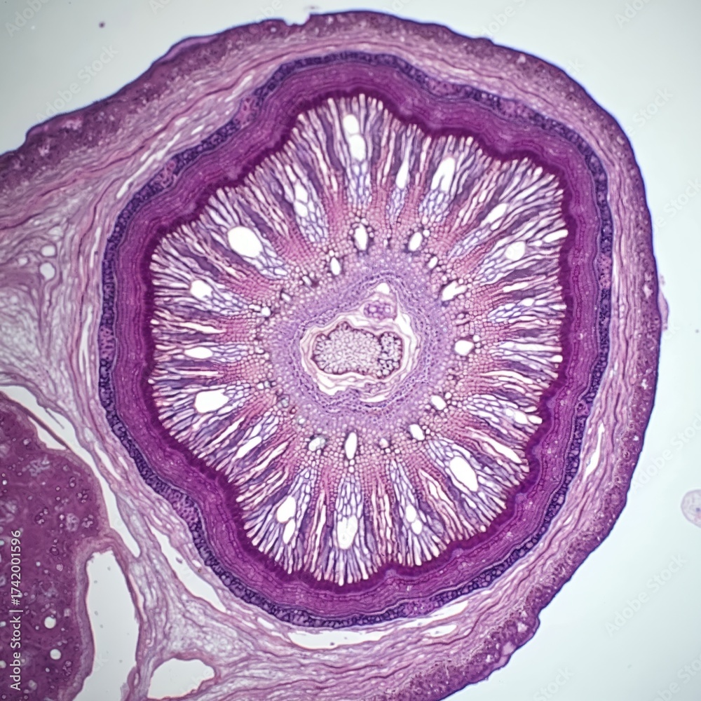 Microscopic view of prostate gland tissue with layers of muscle fat and ...