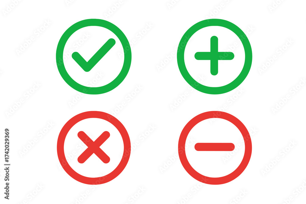 Vector de Stock Pros and cons icon set. Plus, minus, check mark and ...