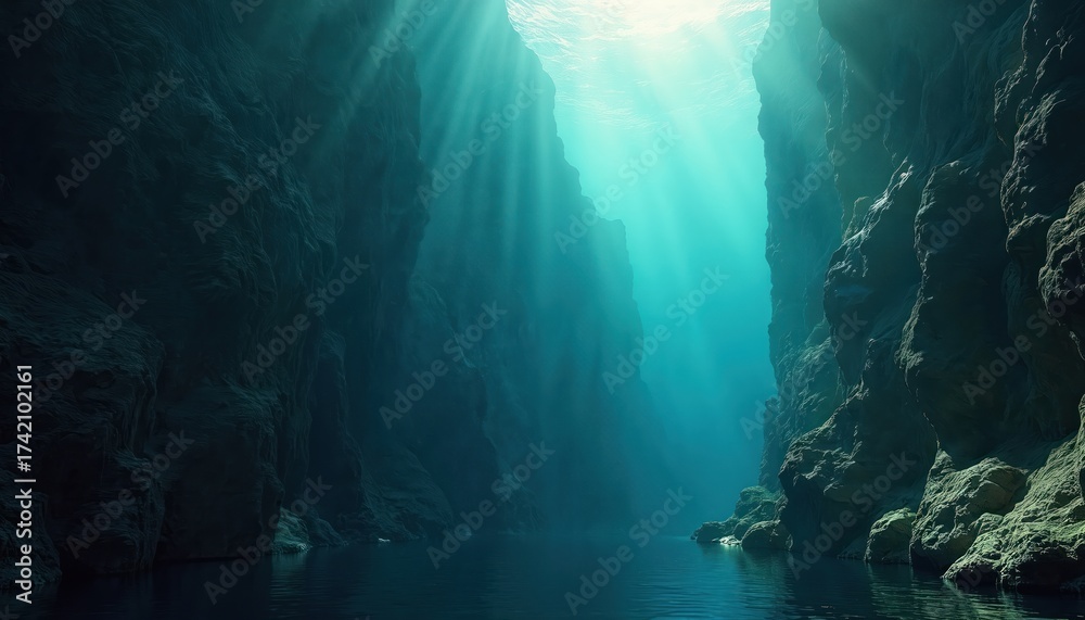 Sunbeams pierce deep blue ocean water illuminating underwater canyon ...