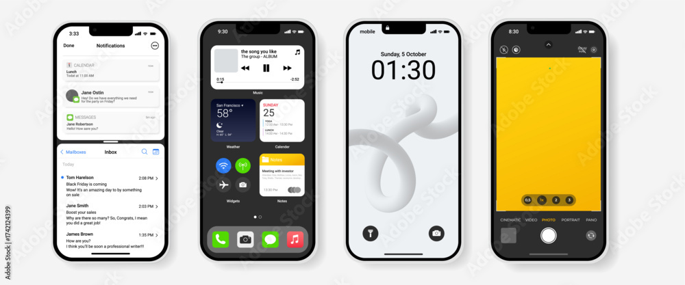 Modern mobile phone mockups with various iOS-style screens ...