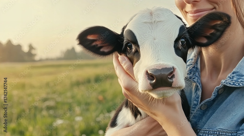 Stock-Illustration „human hand pats a small calf in a field“ | Adobe Stock