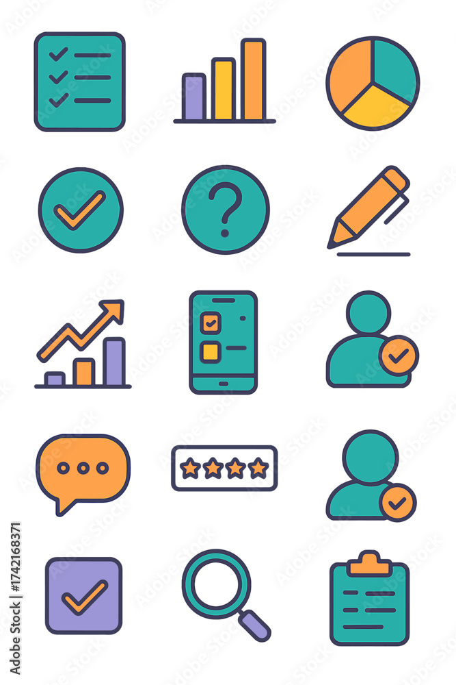 Survey and Polls checklist, bar chart, pie chart, radio button, tick ...