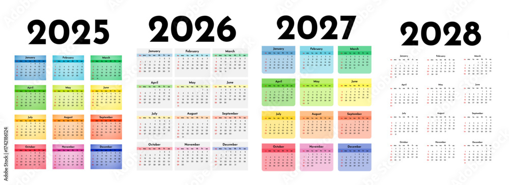 Set of calendars for 2025, 2026, 2027 and 2028 on a white background ...