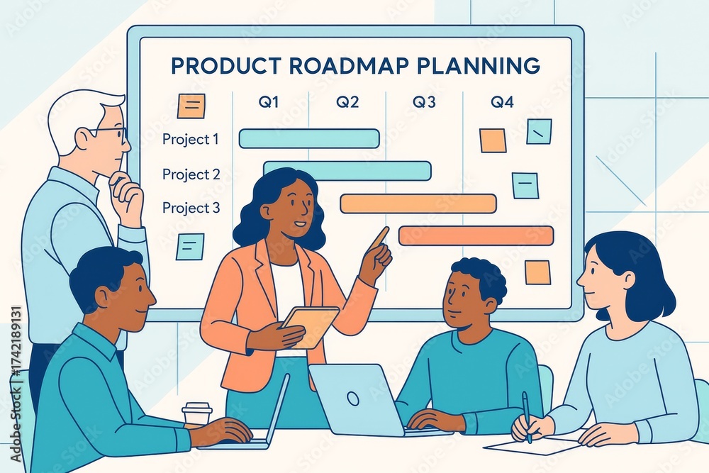Team planning session with diverse coworkers discussing product roadmap ...