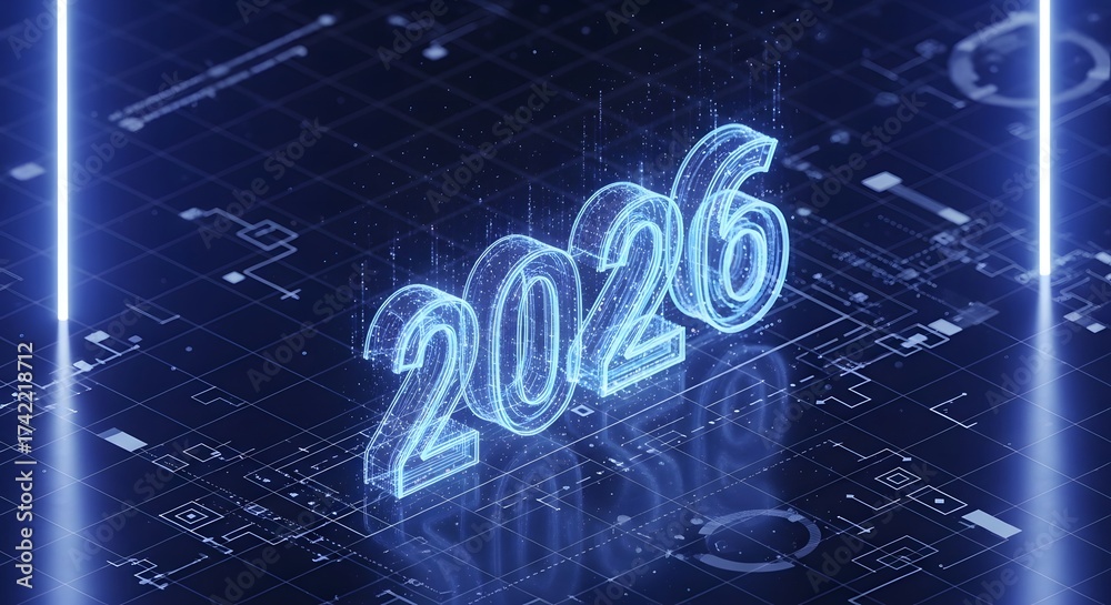 Futuristic digital rendering of the year 2026, showcasing technological ...