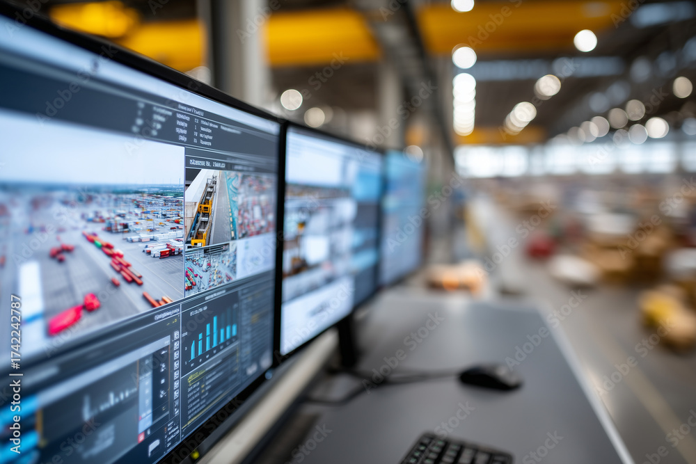 Control room of logistics center with large digital dashboards showing ...