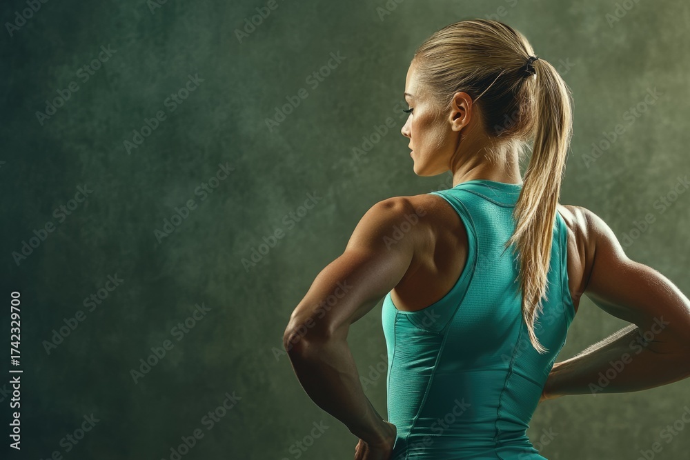 Powerful female athlete, viewed from behind, proudly displays her toned ...