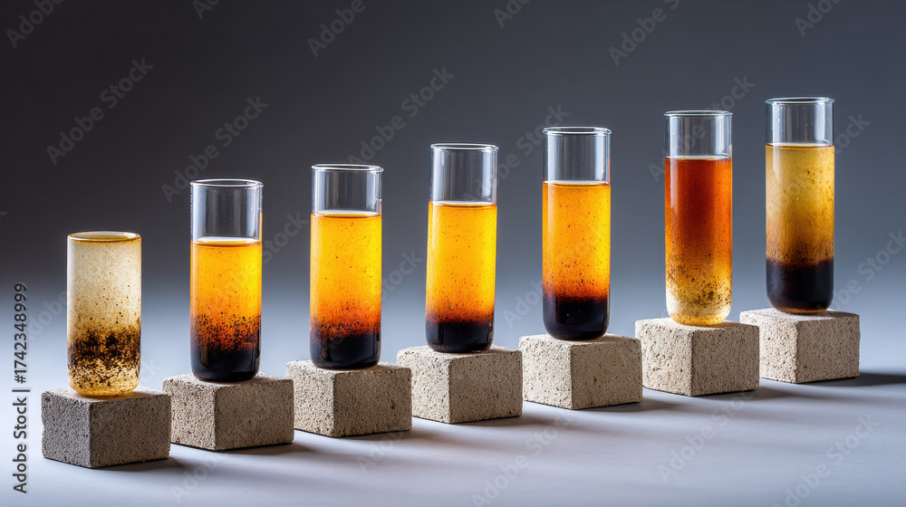 Time lapse sequence of carbon filter discoloration seven test tubes ...