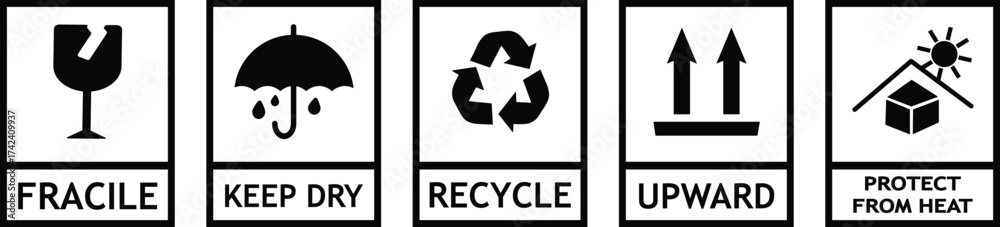 Vector de Stock Set of Fragile package icons, keep upright dry and ...