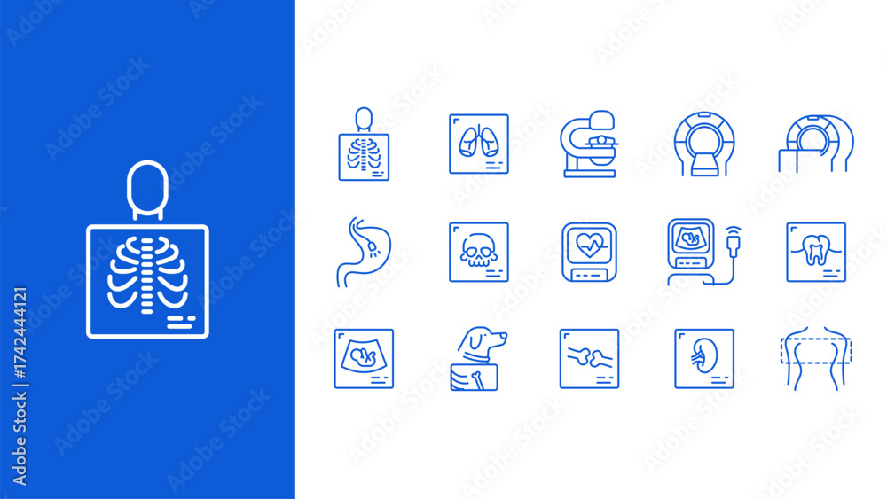 Medical radiology and scan icon set. Collection of blue line icons ...