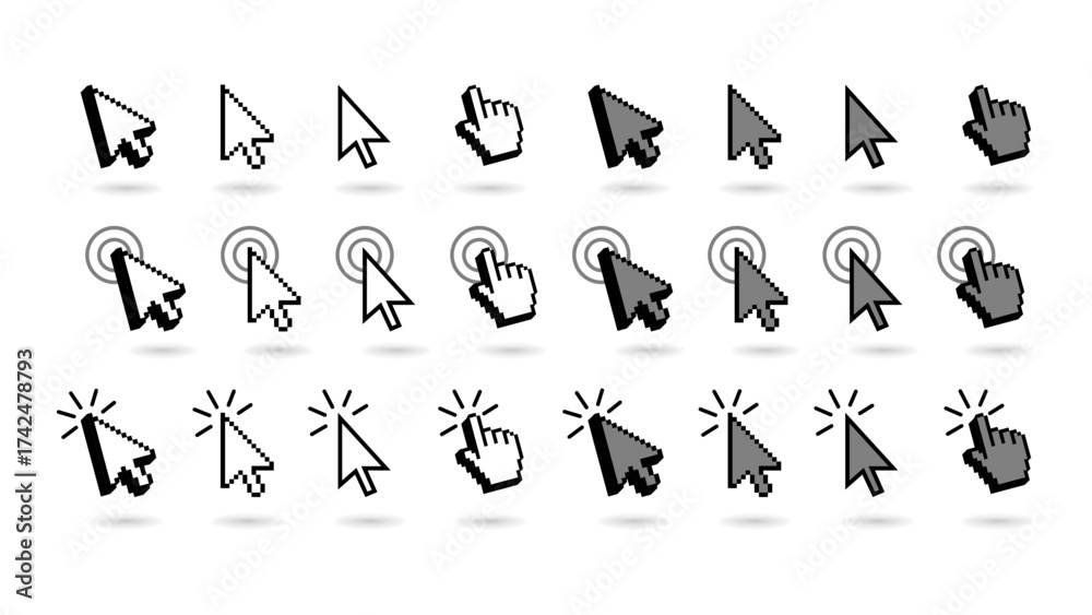 Computer cursor and hand pointer icon set. Collection of pixel, outline ...