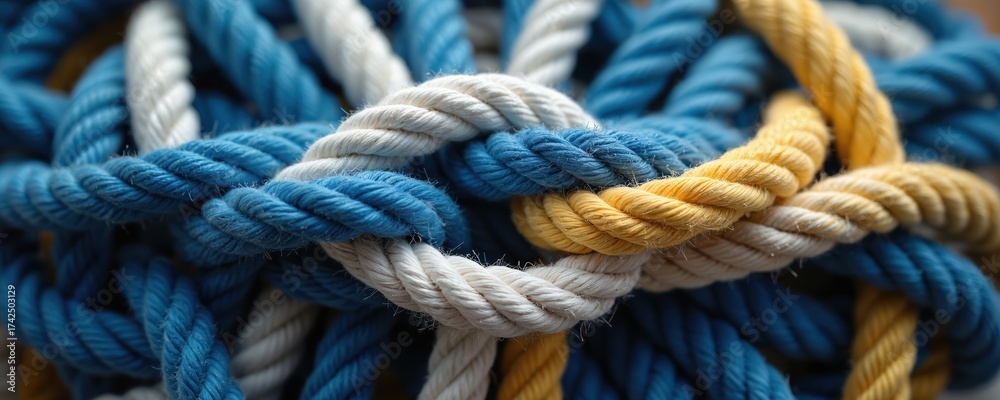 Intertwined ropes of blue white, yellow make complex knot. Conceptual ...
