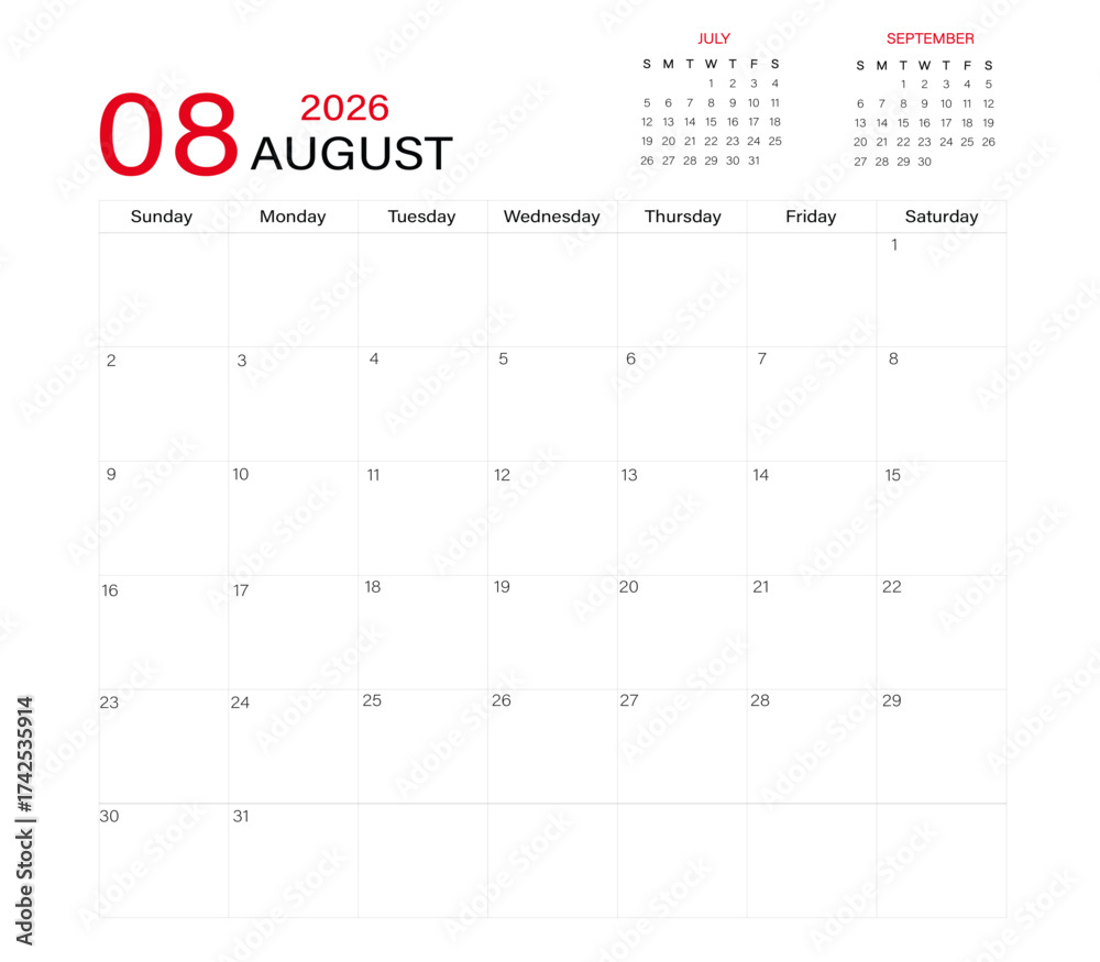 August month calendar layout of 2026 | Monthly diary planner in 2026 ...