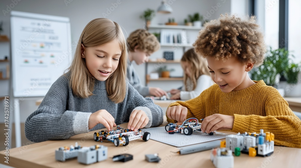Children engaged in stem activities with robotics kits in classroom ...