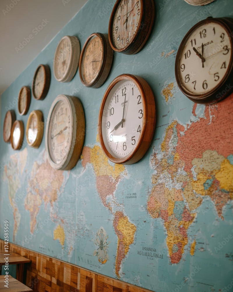 Time Zone Array: A collection of clocks against a backdrop of a world ...
