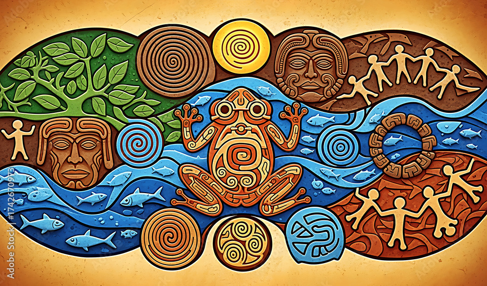Indigenous art style frog sun tree faces and people in water tribal art ...