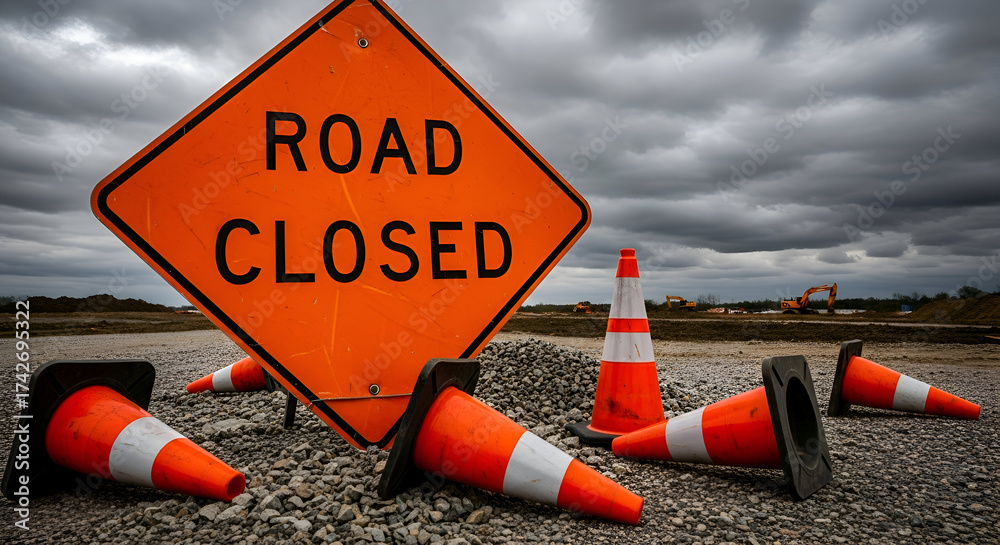 A Road Closure Alert: Traffic Obstruction and Construction Site Cones ...