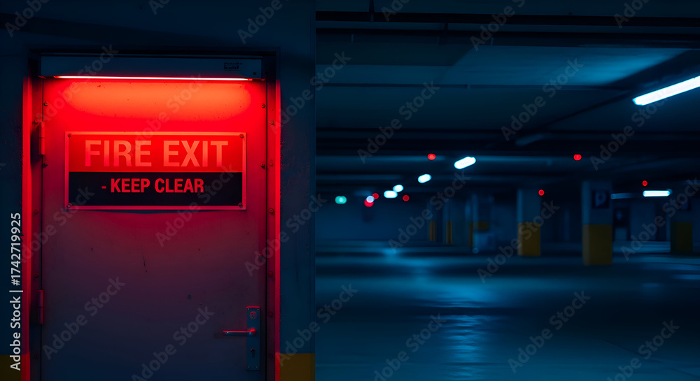 Emergency Exit Sign Illuminated Red, Dramatic Lighting in a Dark ...