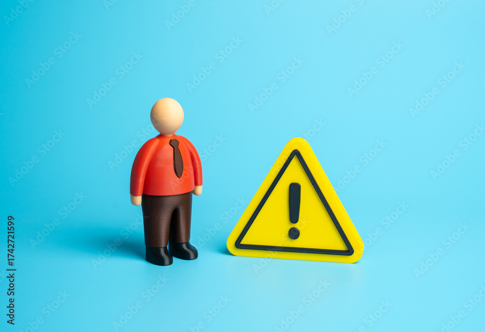 Red office employee and sign of attention. Issuing a warning. Violation ...