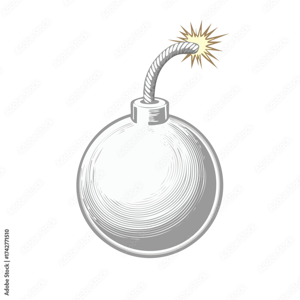 Engraved bomb illustration round explosives with burning fuse and hatch ...