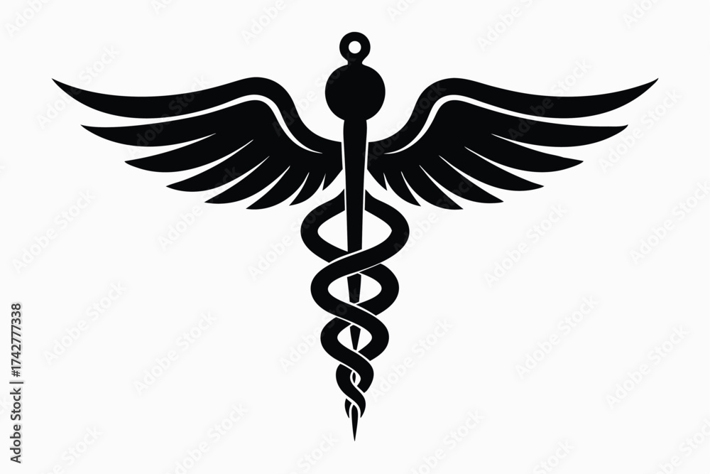 Classic caduceus black symbol showcases dual snakes entwined around a ...