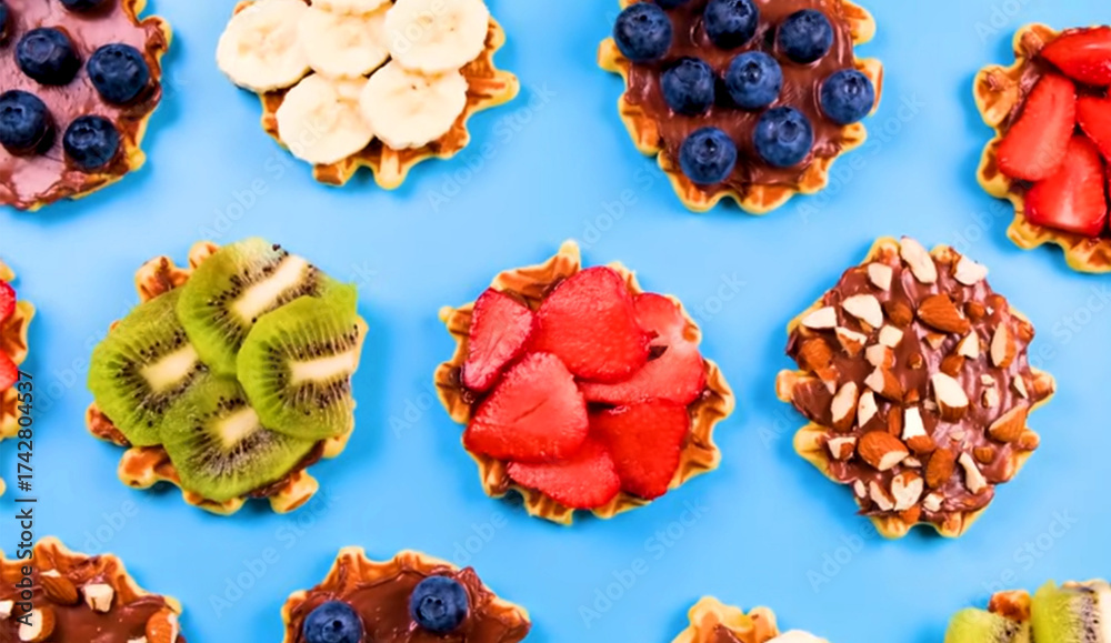Stock-Foto „Colorful Waffle Toppings on Blue A Delightful Display of ...