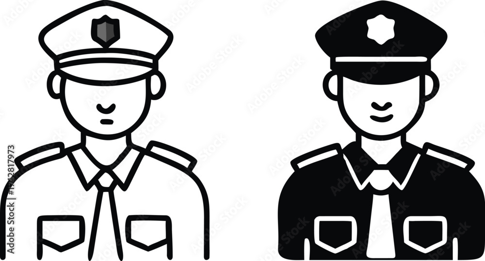 Two isolated police officer figures shown in outline and solid black ...