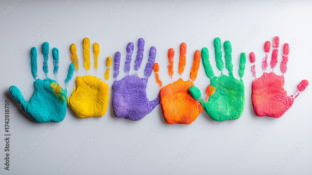 A neat row of paint handprints forms a clear visual of participation ...