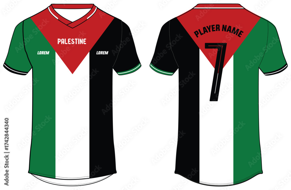 Sport t-shirt jersey design flat sketch illustration, v neck Palestine ...