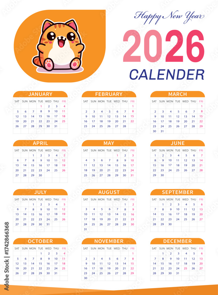 2026 calendar template. English new year 2026 calendar template. Happy ...