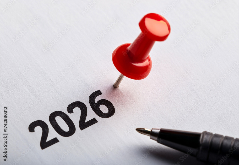ed pin marks year 2026 on white paper Stock Photo | Adobe Stock