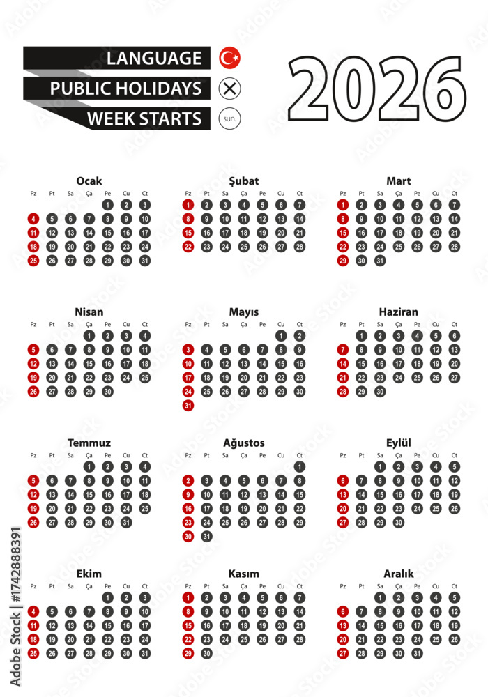 Image vectorielle Stock Turkish calendar 2026 with numbers in circles ...
