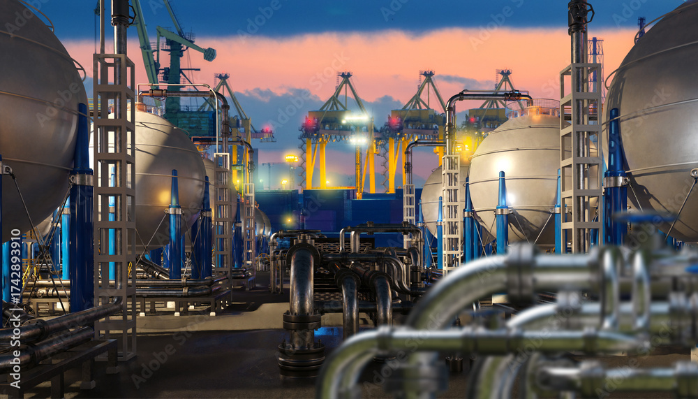 Liquefied natural gas terminal with spherical storage tanks, pipelines ...