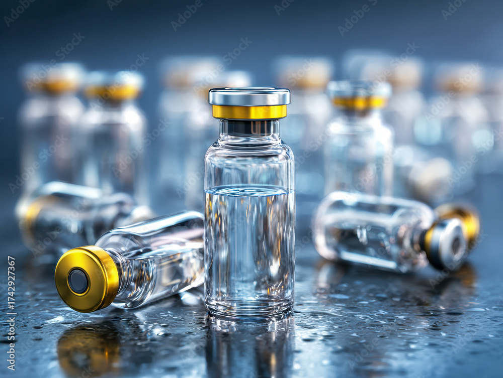 Transparent medical vials with yellow and silver caps arranged on a ...