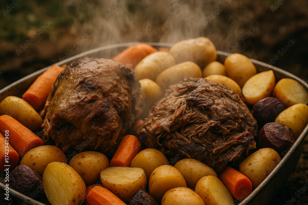 New Zealand hangi meal, slow-cooked meat and vegetables steaming from ...