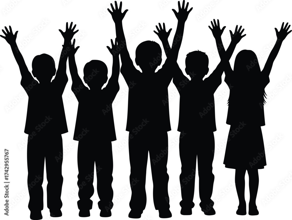 Diverse group of children silhouette with arms raised celebrating ...