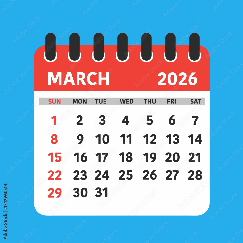 Calendar Leaf Vector Calendar Icon Illustrating March 2026 with Bold ...