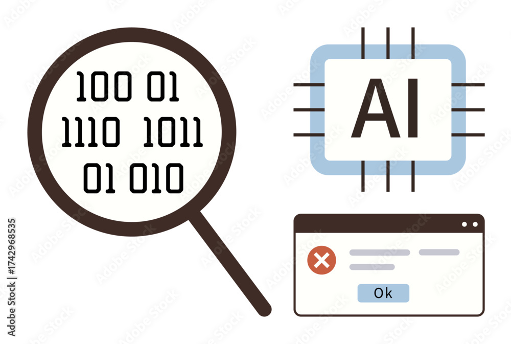 Magnifying glass examines binary code, AI chip connected by circuits ...