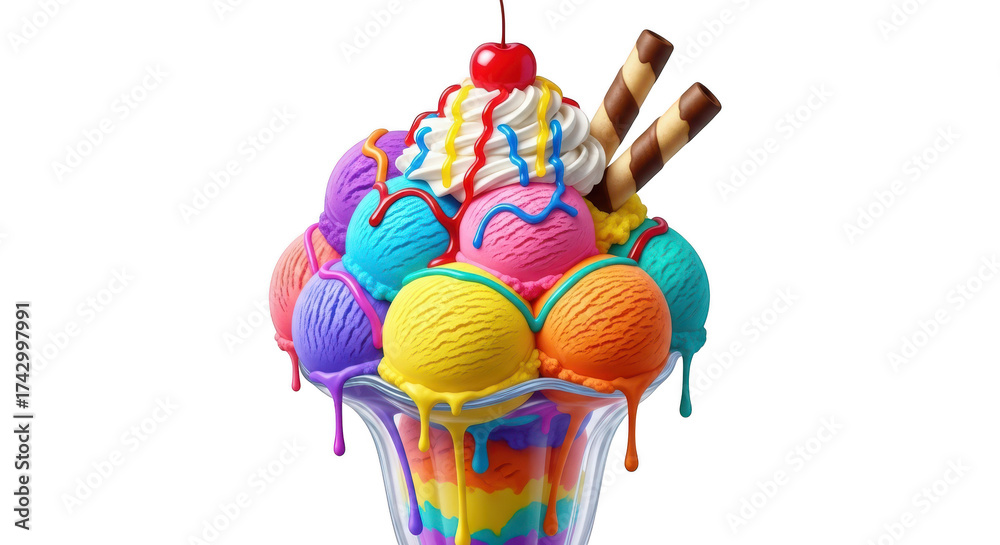 Colorful ice cream sundae with cherry and chocolate sticks isolated on ...