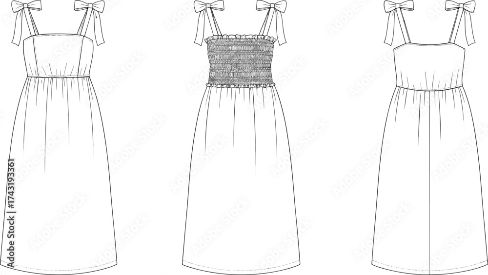 Sleeveless bow strap dress technical flat sketch, smocked back bodice ...