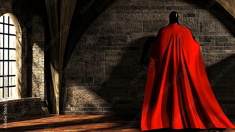 Ancient gothic hall interior with vampire stepping forward from pitch ...