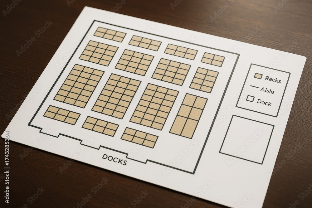 Warehouse layout plan with labeled racks, aisles, and docks on a paper ...