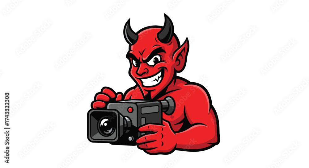 Illustrative cartoon depiction of a red devil character holding a video ...