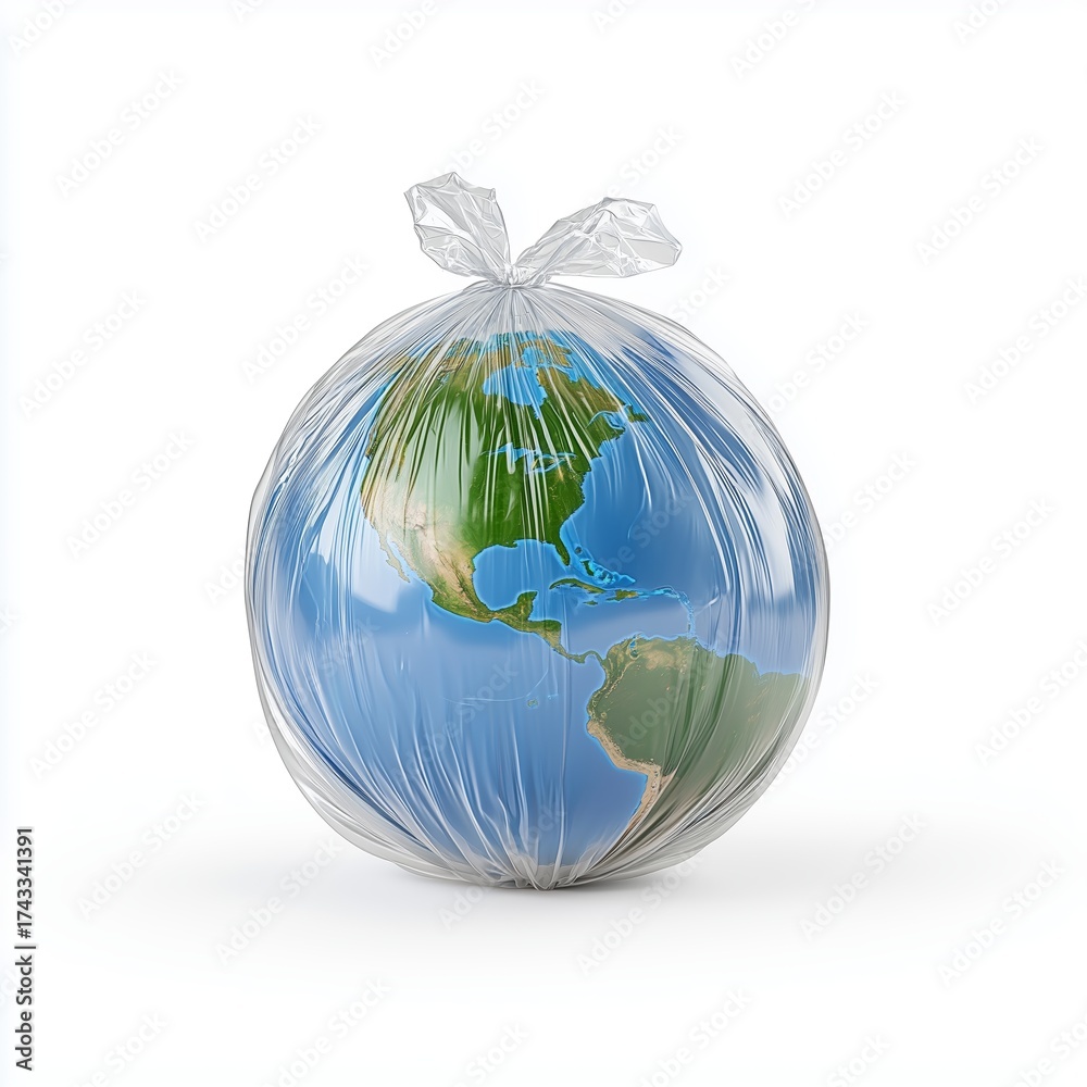 Ilustración de Stock Earth wrapped in clear plastic. Planet suffocating ...