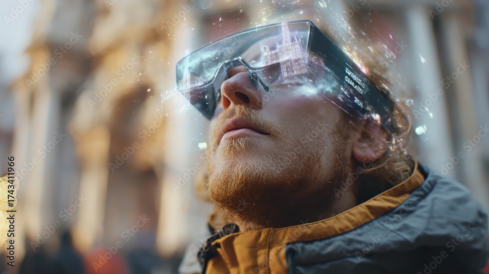 Augmented reality tour guide, futuristic tourist exploring glowing AR ...