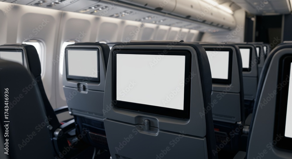 Airplane cabin interior showcases seatback displays for passenger ...