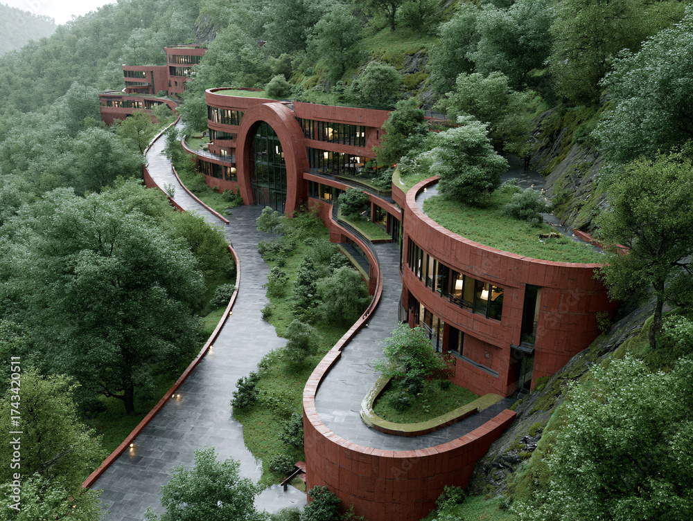 modern architectural complex built into a mountainous landscape, with ...