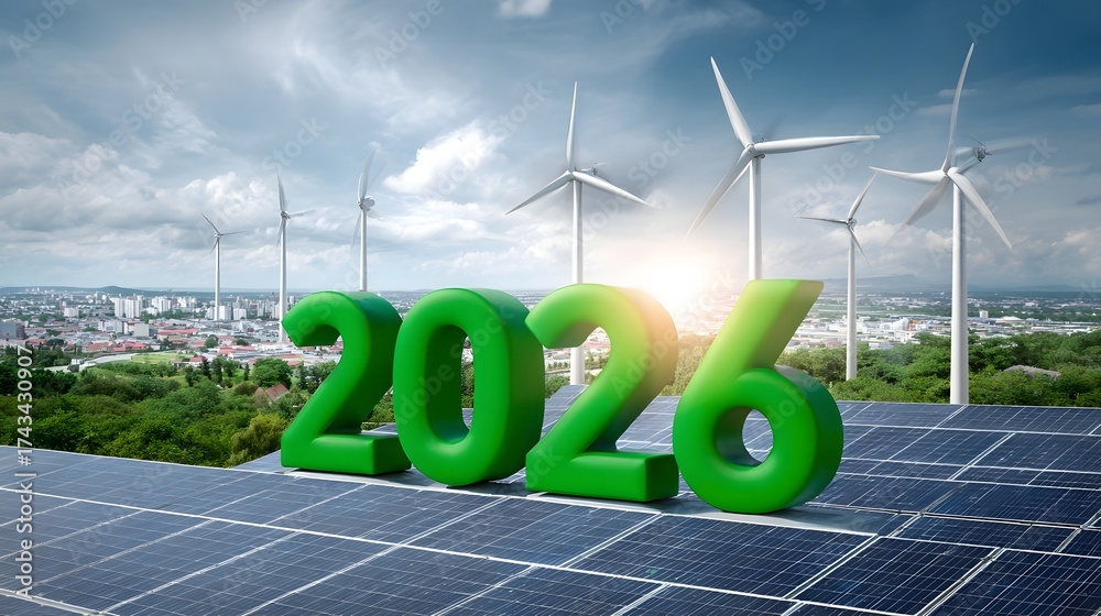 Green energy future with solar panels and wind turbines in 2026 Stock ...
