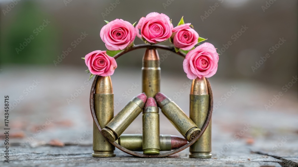 stop war illustration Peace symbol formed with bullets and pink roses ...