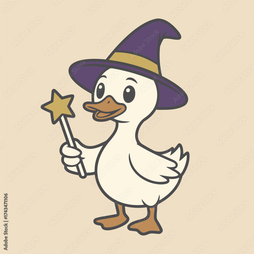 Cute cartoon duck wearing witch hat and holding magic wand duckling ...